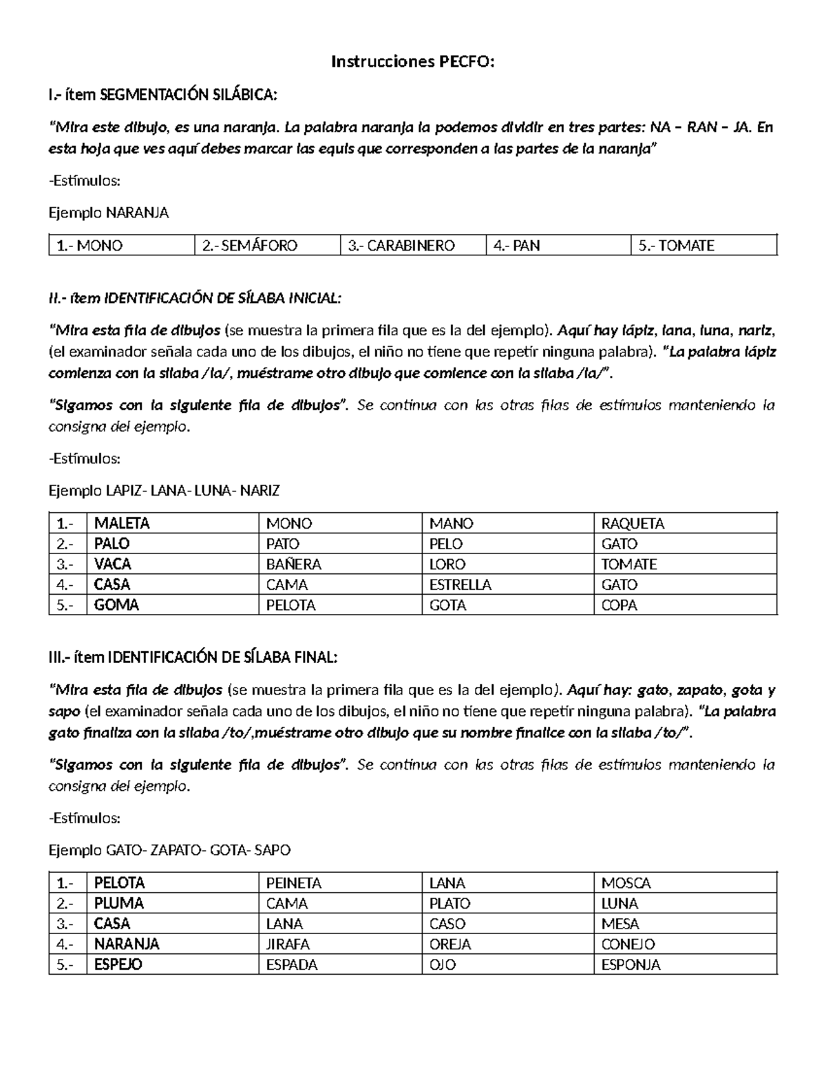 Instrucciones PECFO: Segmentación Silábica y Evaluación de Sílabas ...