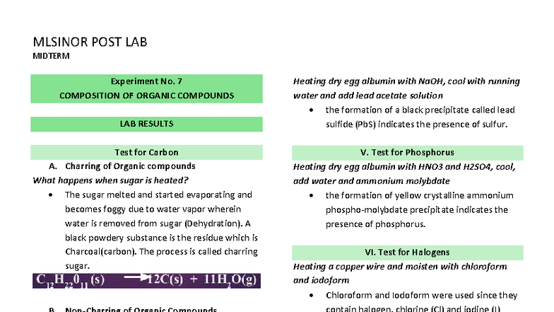 MLSINOR LAB MIDTERM EXPERIMENTS: Organic Compounds Analysis - Studocu