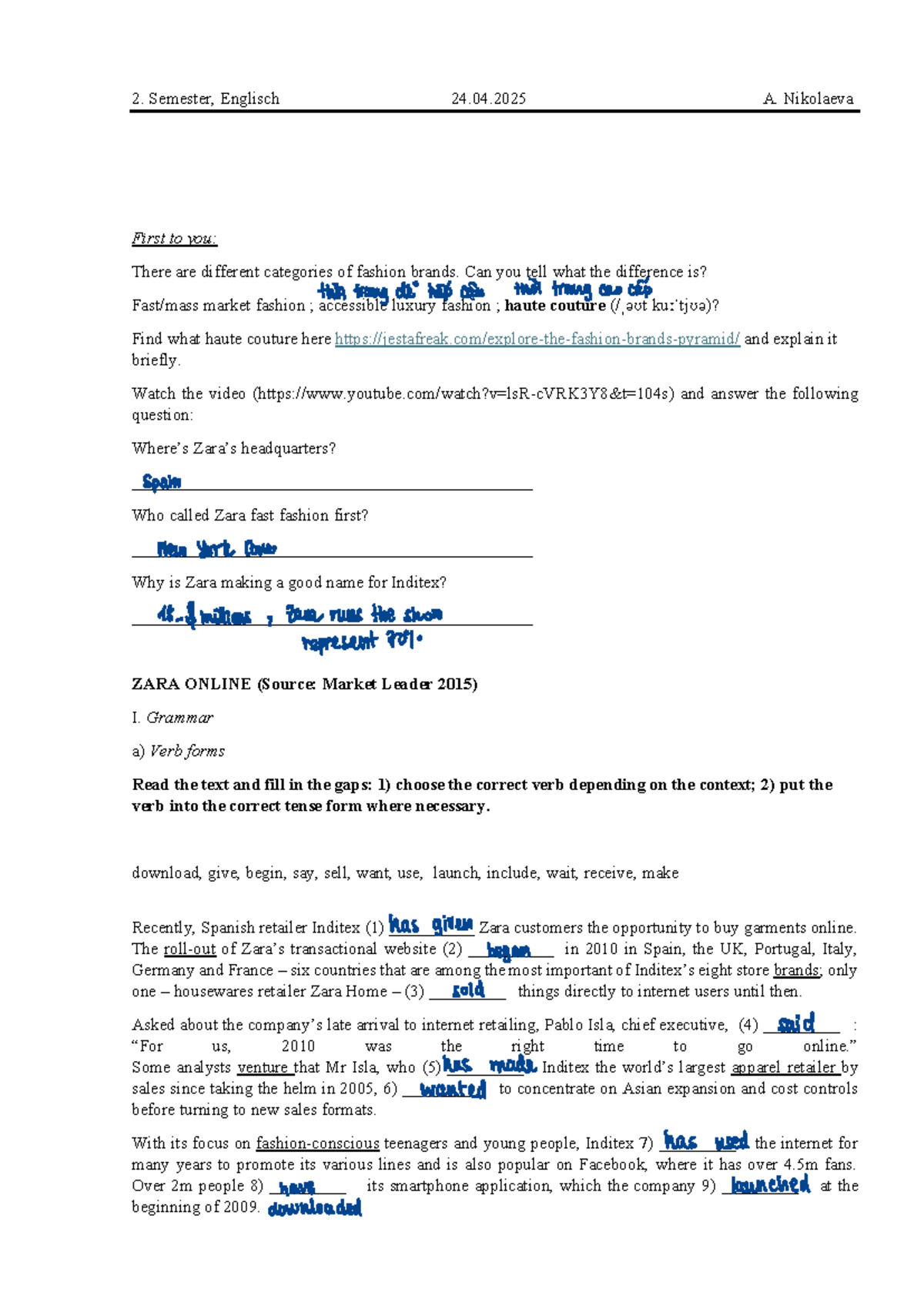 Englisch 2. Semester: Fashion Brands & Zara Case Study Notes - Studocu