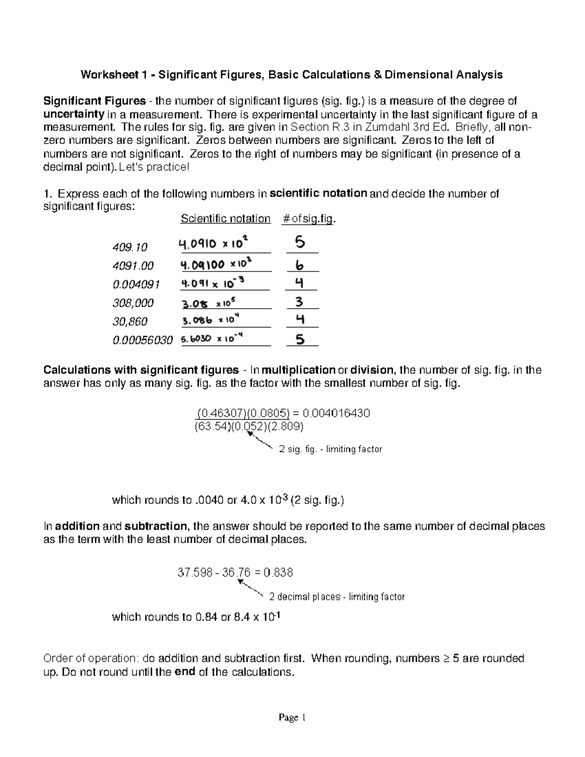 Worksheet 01: Significant Figures & Dimensional Analysis - Studocu