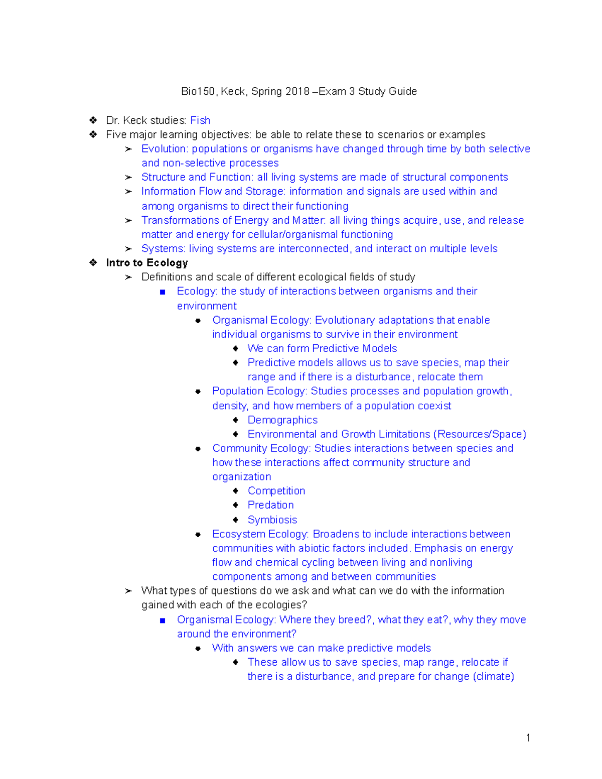 Biology 150 Exam 3 Final Study Guide by Dr. Keck - Spring 2018 - Studocu