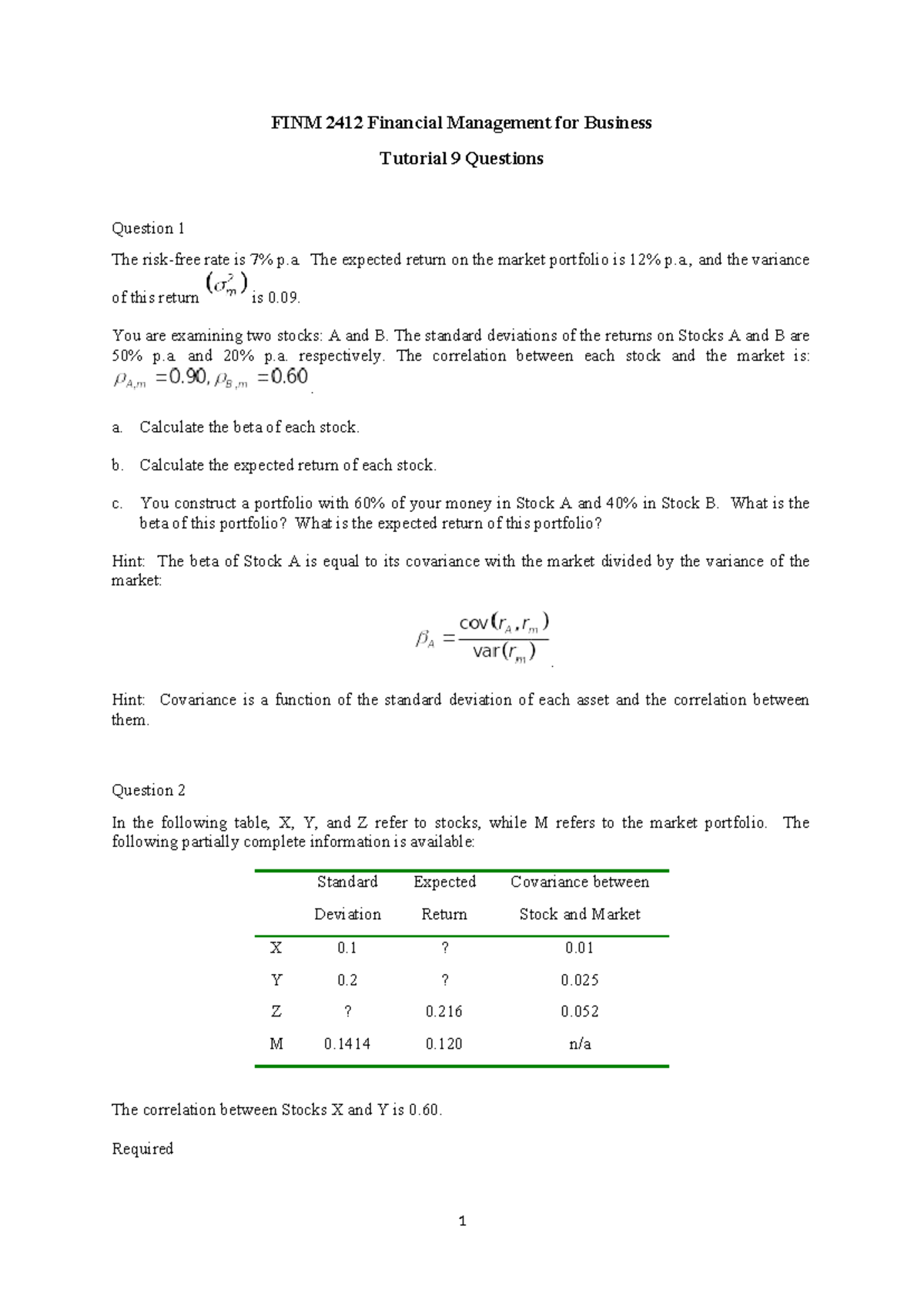 FINM 2412 Financial Management Tutorial 9: Stock Analysis Questions - Studocu