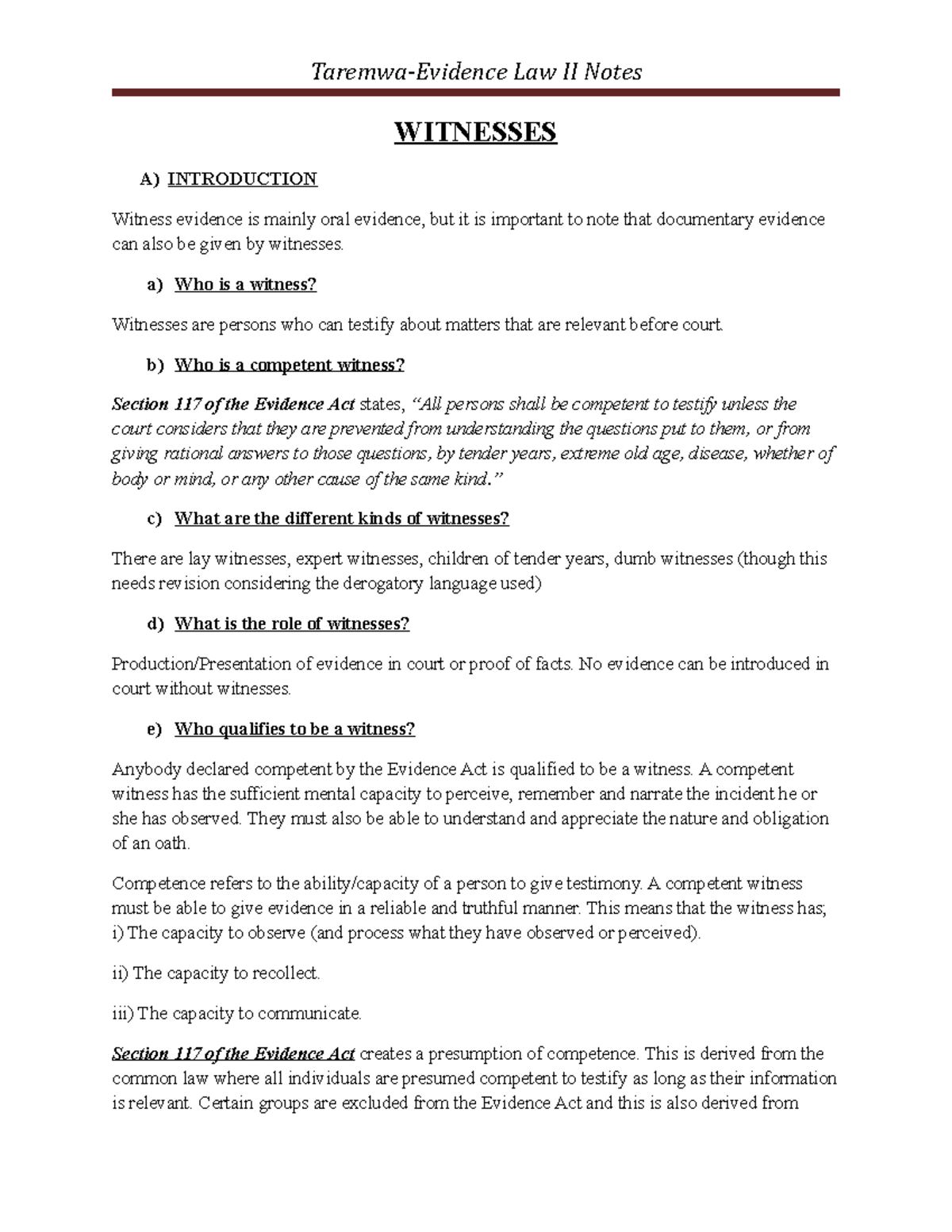 Witnesses: Role, Types, and Legal Framework in Evidence Law - Studocu