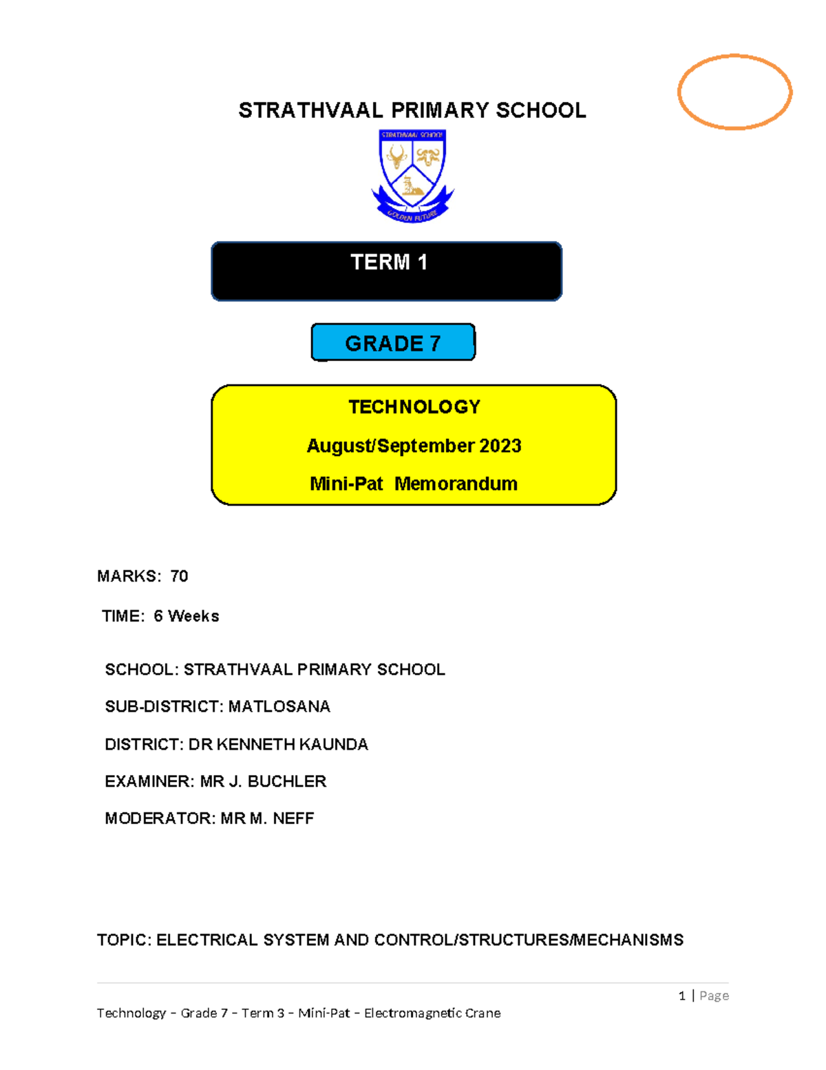 Grade 7 TECH PAT Term 3 Mini-PAT Memorandum - Electrical Systems - Studocu