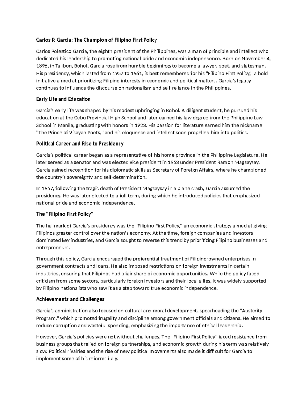 Carlos P. Garcia: Insights into the Filipino First Policy - Studocu