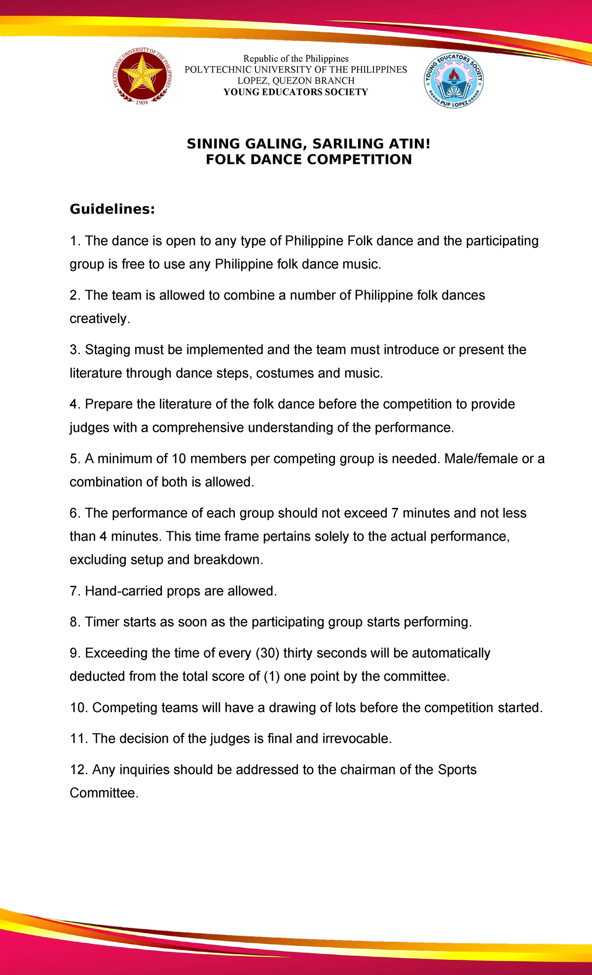 Guidelines for Judging the Folk Dance Competition at PUP - Studocu