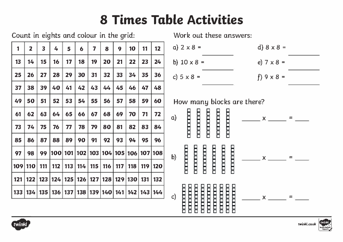 8 Times Table Activity Sheet: Count, Color, and Solve - Studocu