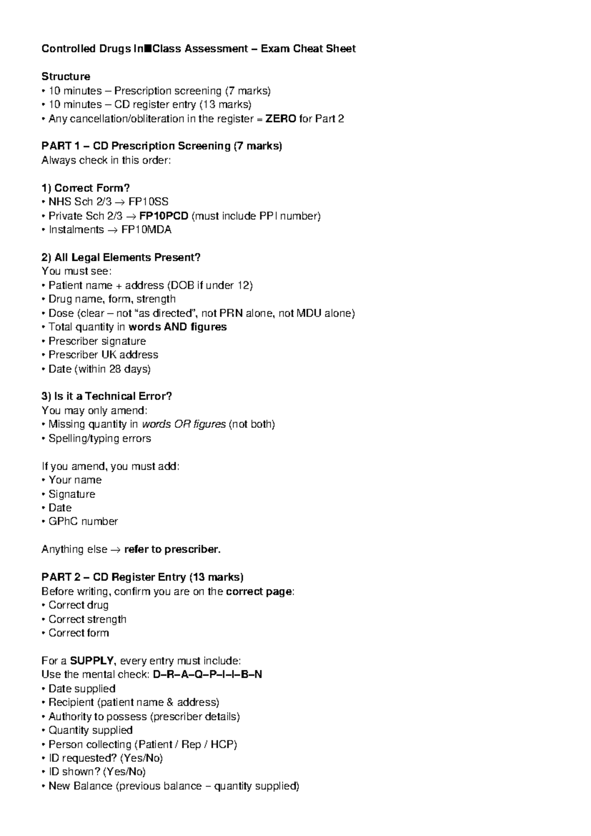 CD Assessment Cheat Sheet: Controlled Drugs Exam Guide - Studocu