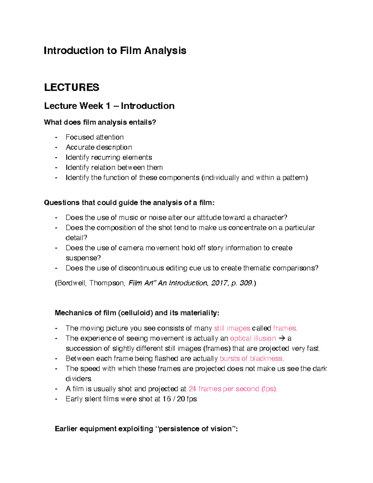 Intro to Film Analysis Lecture Notes - Introduction to Film Analysis ...