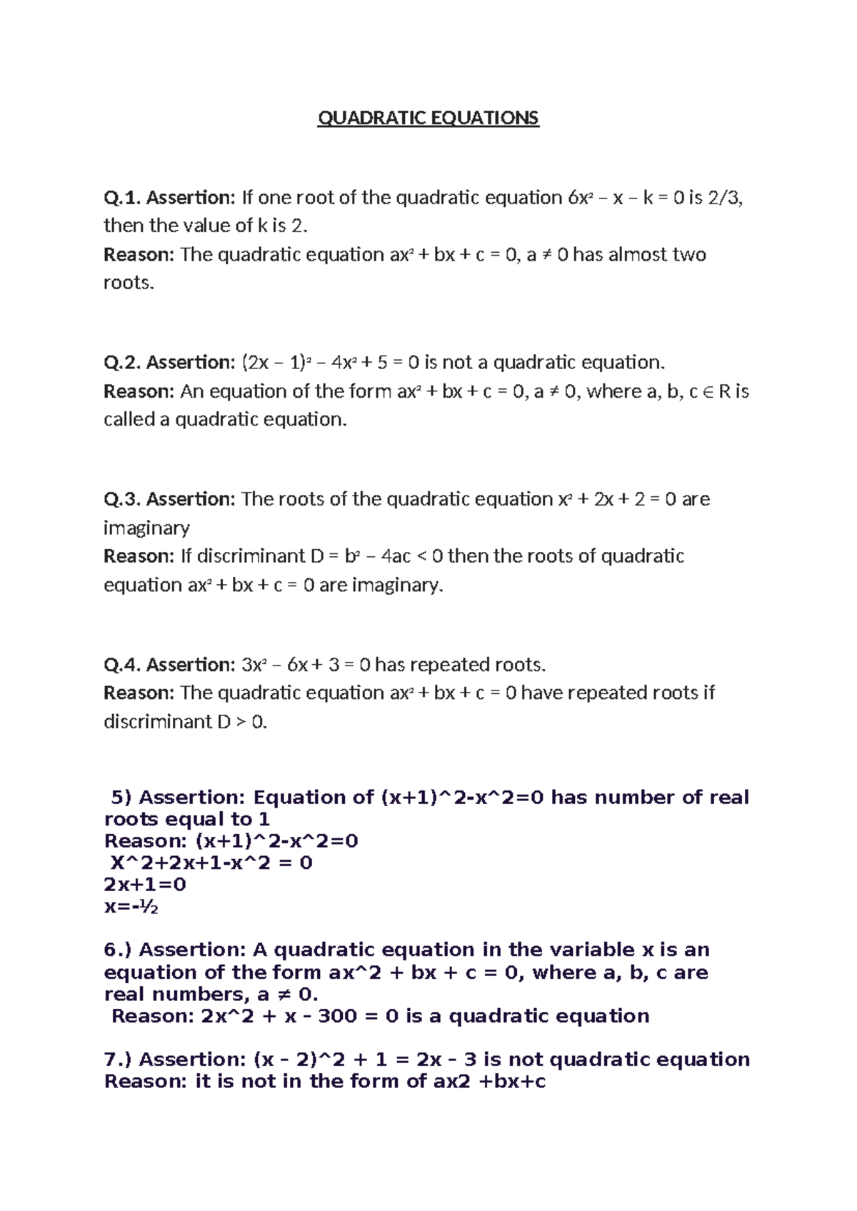 Assertion & Reasoning Questions on Quadratic Equations and More - Studocu