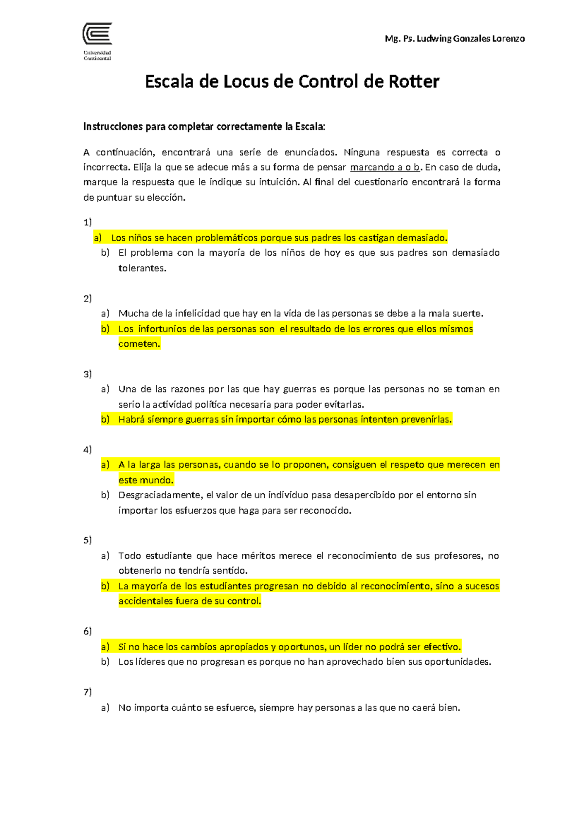 Escala de Locus de Control de Rotter - Cuestionario y Resultados - Studocu