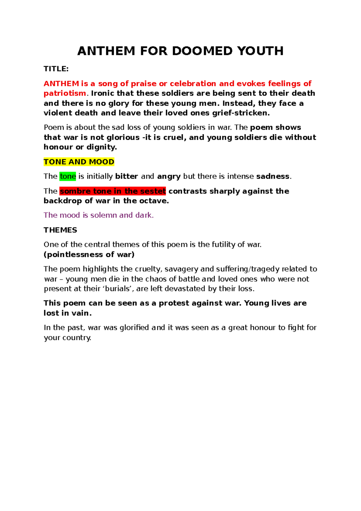 Anthem for Doomed Youth: A Gr11 Analysis of War's Futility - Studocu