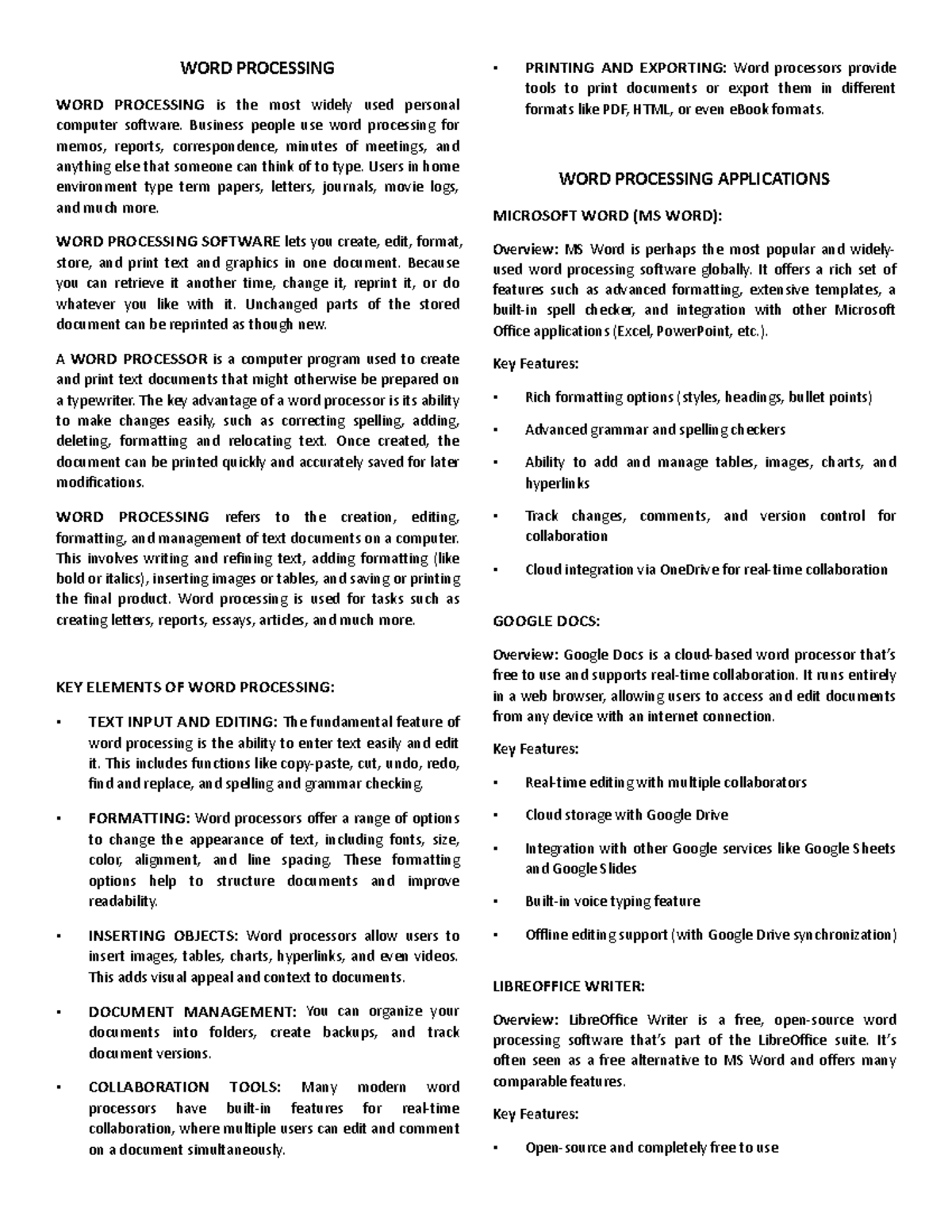 ITAB211 Word Processing Overview and Key Features for Prelim Exam - Studocu
