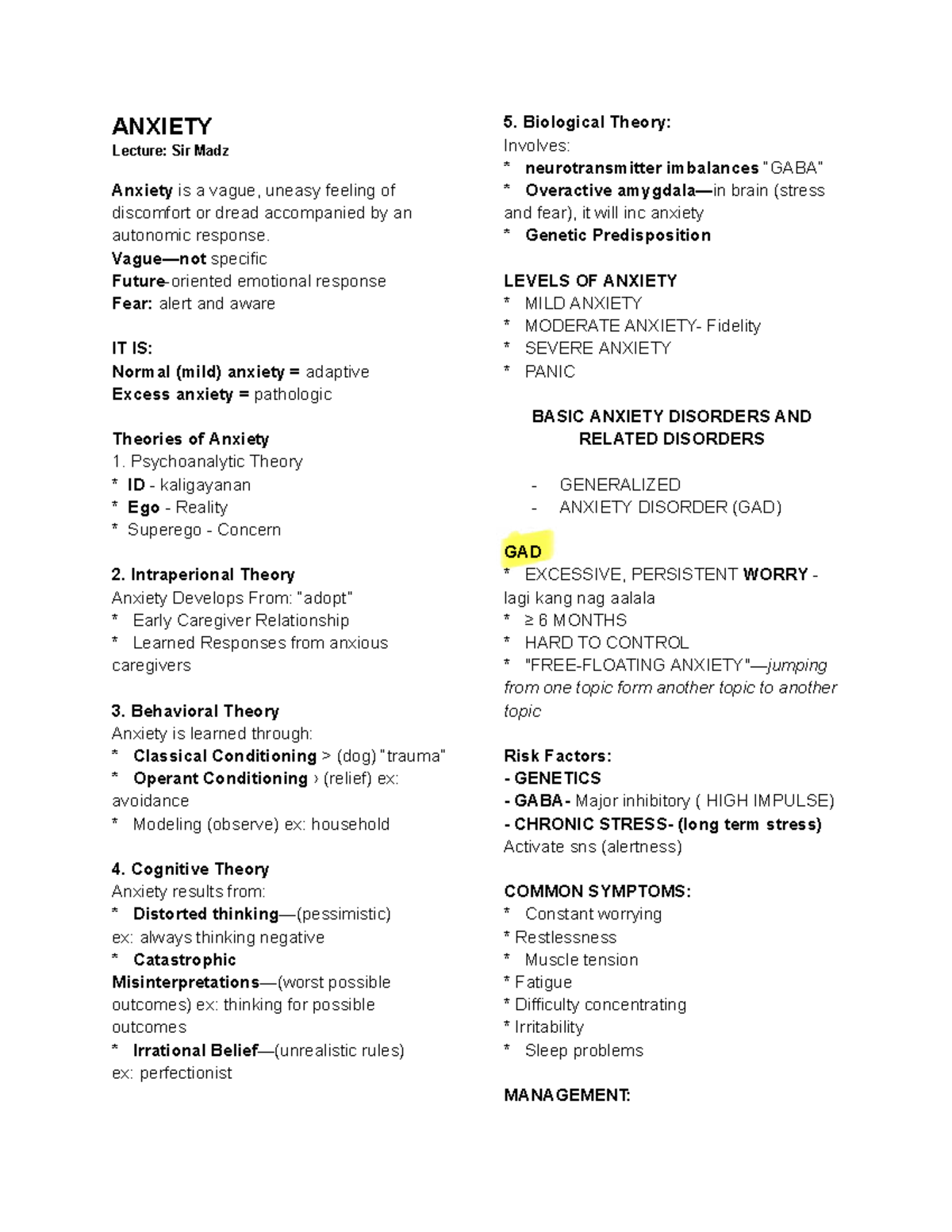 ANXIETY Lecture Notes: Theories, Disorders, and Management (PSY 101 ...