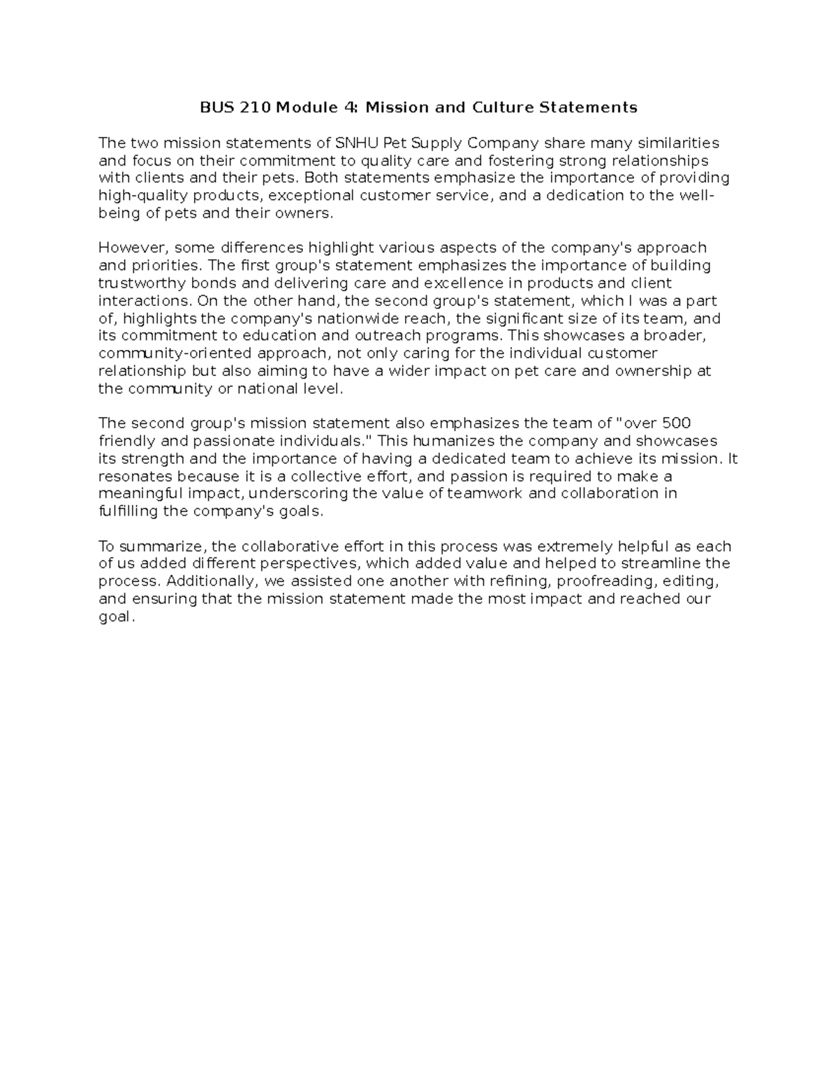 BUS 210 Module 4: Analyzing Mission & Culture Statements - Studocu