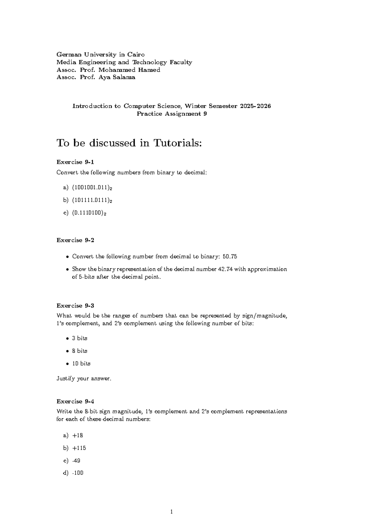 GUC 1969 Computer Science Practice Assignment 9: Binary & Decimal Conversions - Studocu