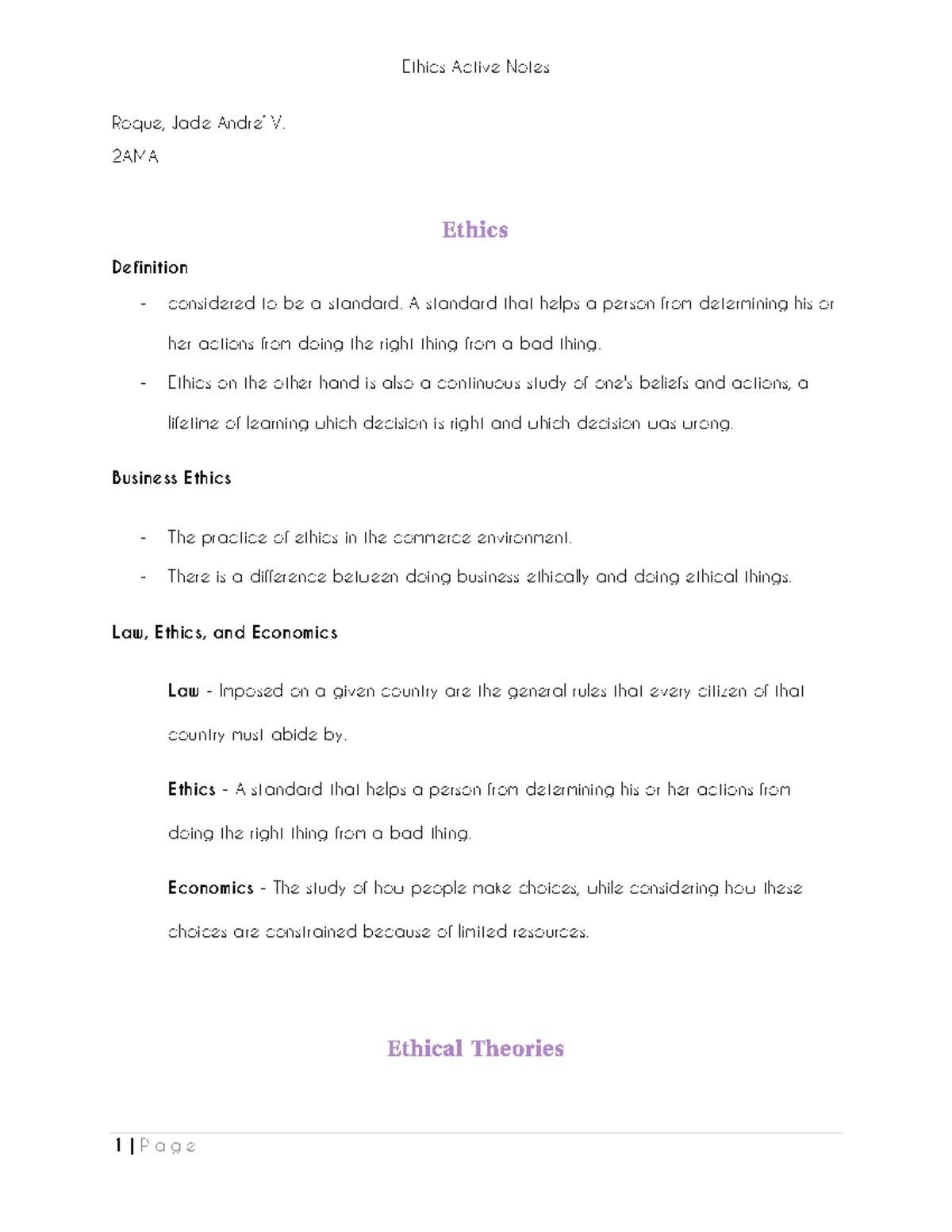 Active Reading & Listening Notes: Ethics 2AMA by Jade Roque - Studocu