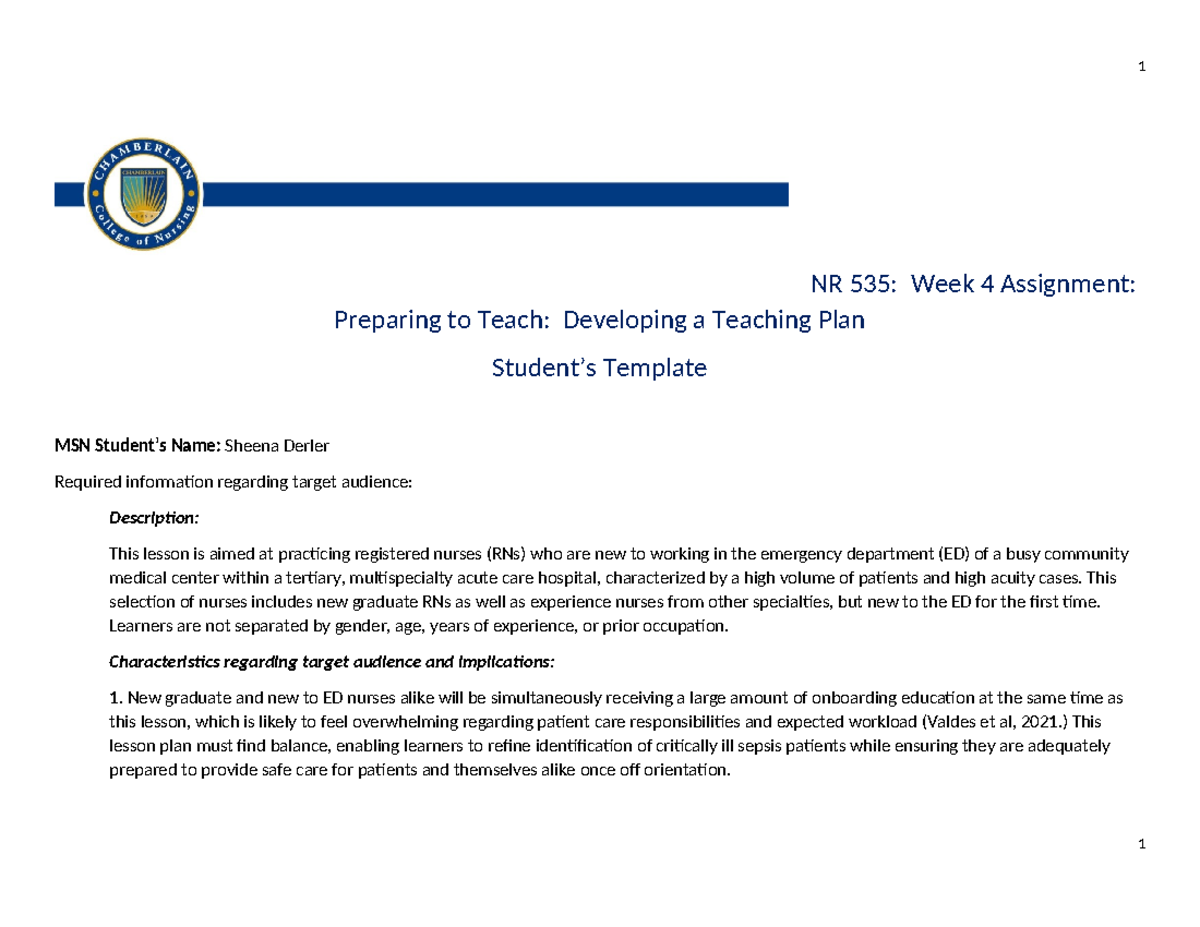 NR 535: Teaching Plan for ED RNs on Managing Severe Sepsis - Studocu
