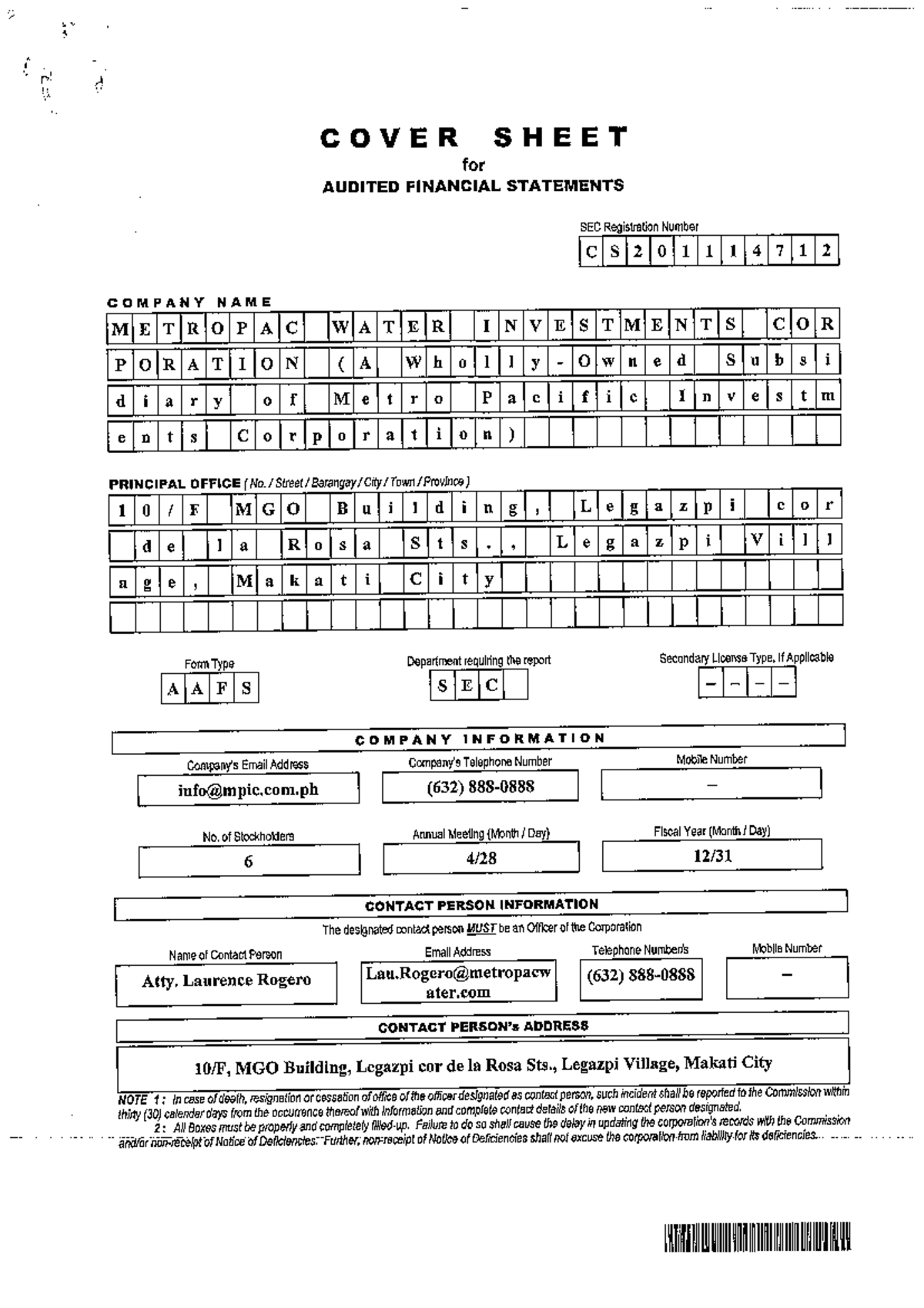 2017 Financial Statements for MetroPac Water Investments Corp. - Studocu
