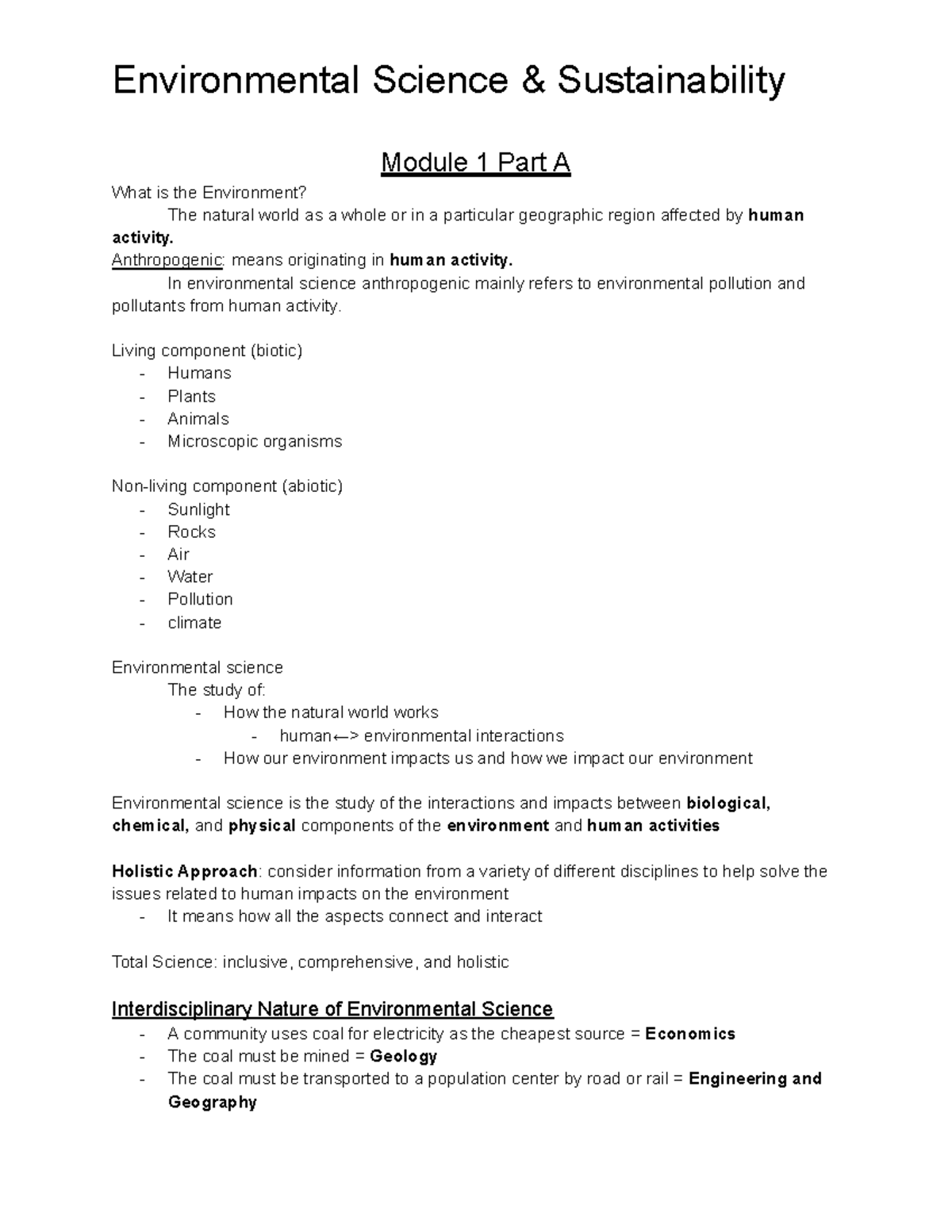 Environmental Science & Sustainability Module 1 Notes - Emily Davey ...