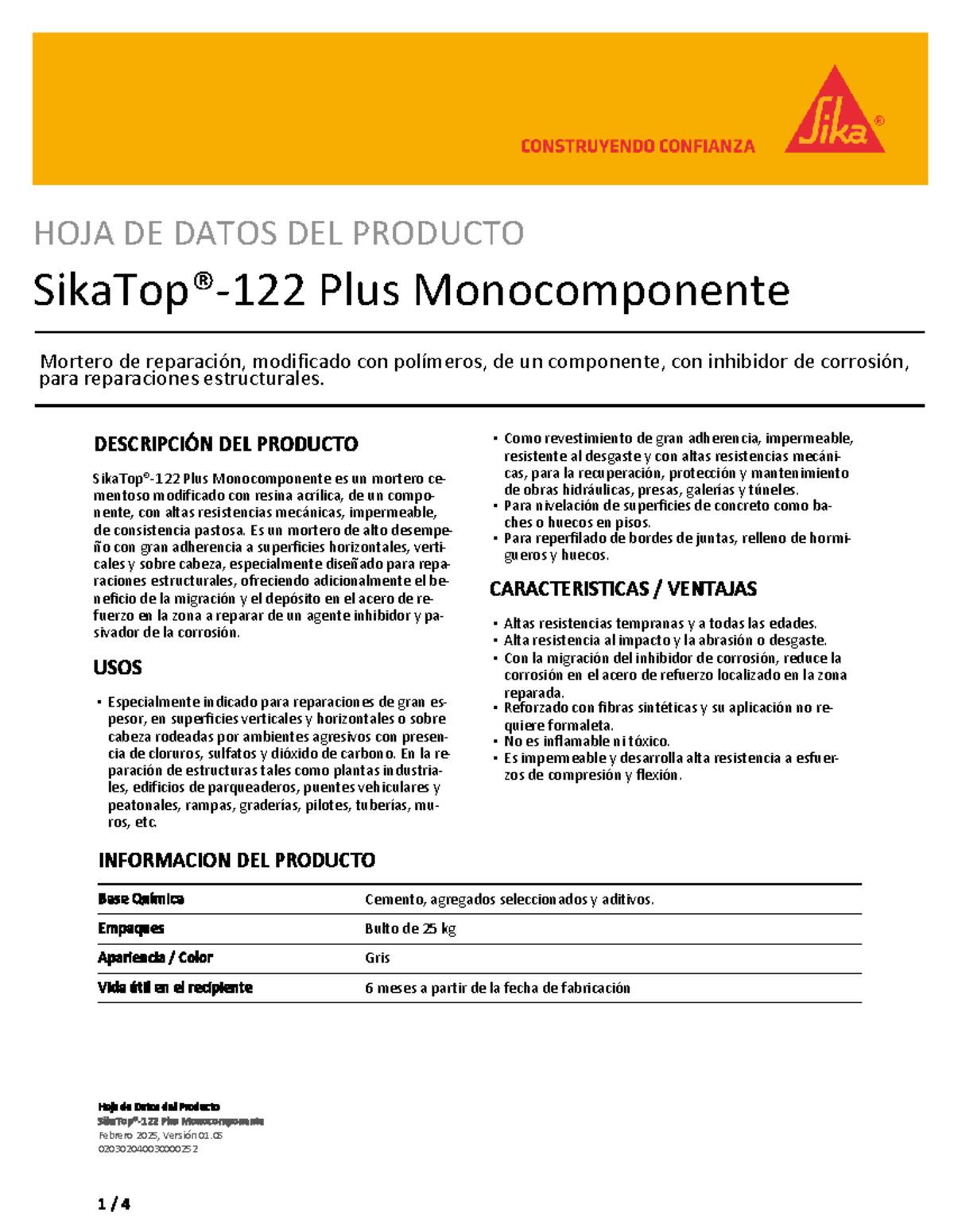 Hoja de Datos del Producto Sikatop-122 Plus Monocomponente - Studocu