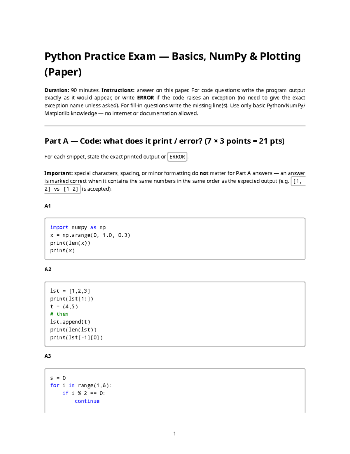 Python Practice Exam — Basics, NumPy & Plotting (90 min) - Studeersnel