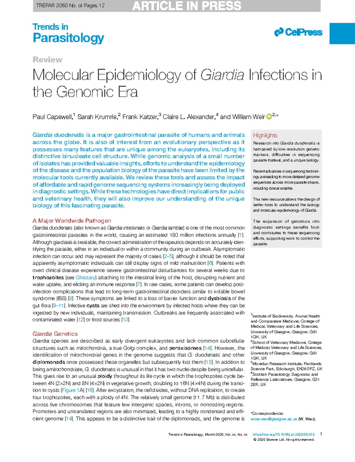 Molecular Epidemiology of Giardia Infections: Insights from Genomics ...