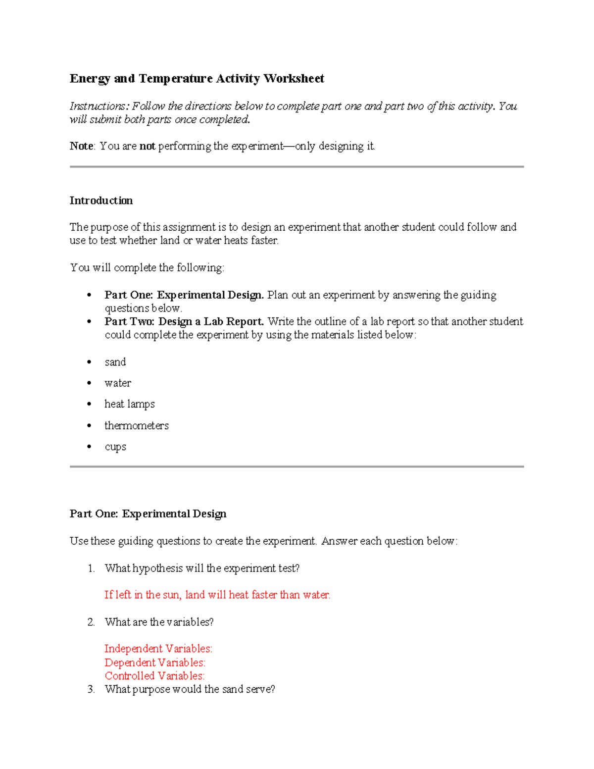 Energy and Temperature Activity 1 3.01 - Experimental Design Guide ...