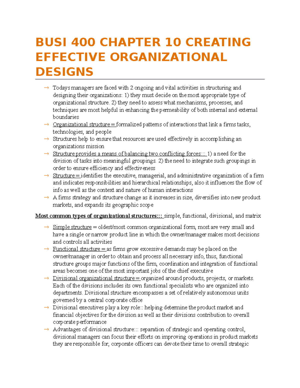 Chapter 10 creating effective organizational designs - BUSI 400 CHAPTER ...