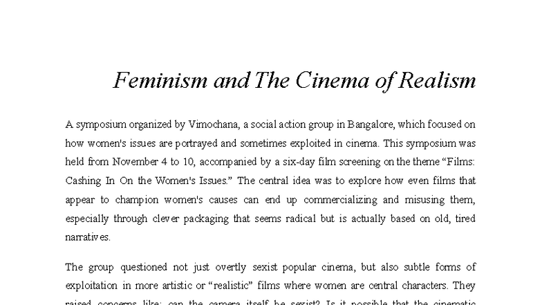 Feminism and The Cinema of Realism: Analyzing Social Ideologies - Studocu