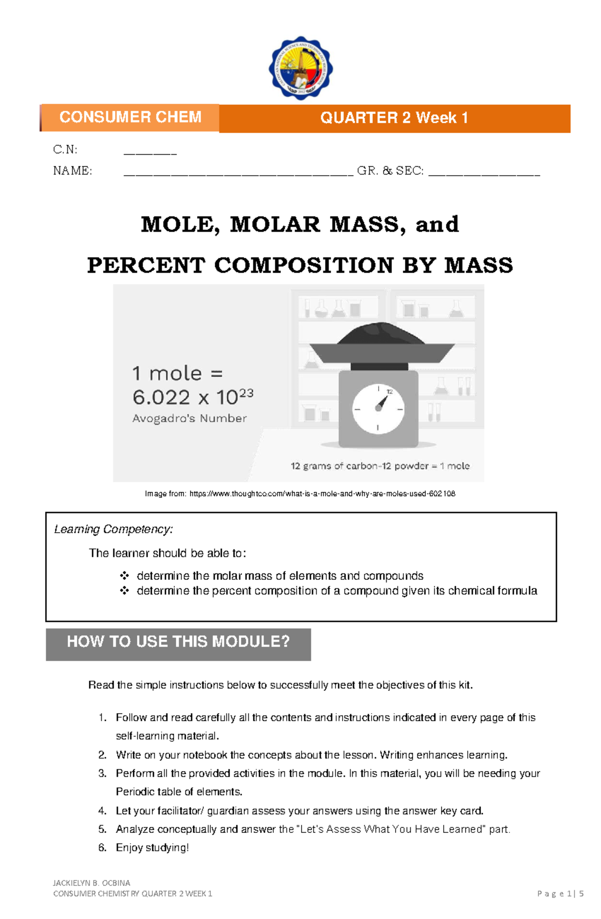 Q3 CHEMISTRY SLM: Mole, Molar Mass & Percent Composition - Studocu