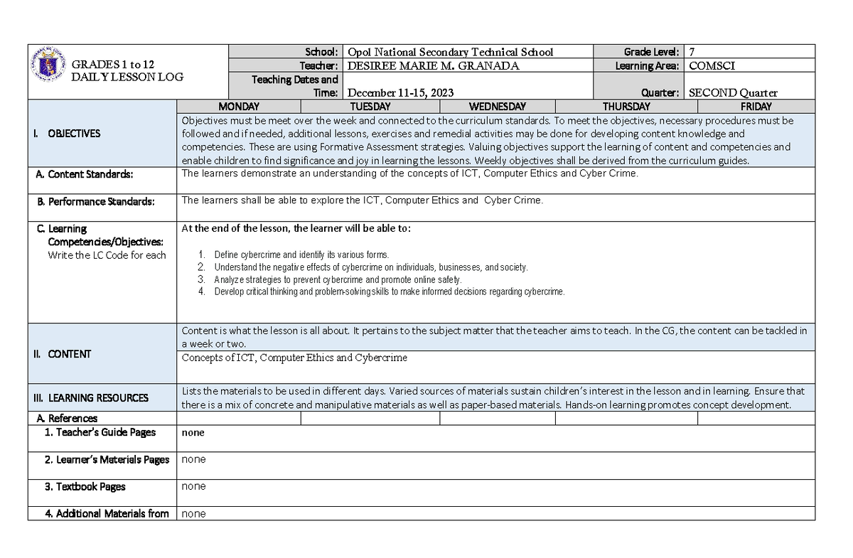 COMSCI 7 Daily Lesson Log: Cybercrime & ICT Concepts - Dec 2023 - Studocu