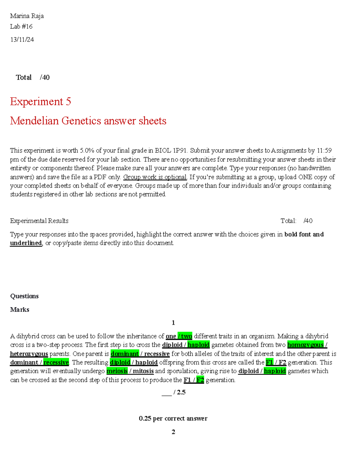 Experiment 5 Answer Sheets for Students BIOL 1P91 Fall 2024 copy ...