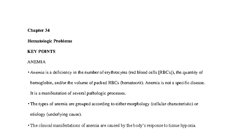 Hematology Disorders: Key Points on Anemia and Related Conditions - Studocu