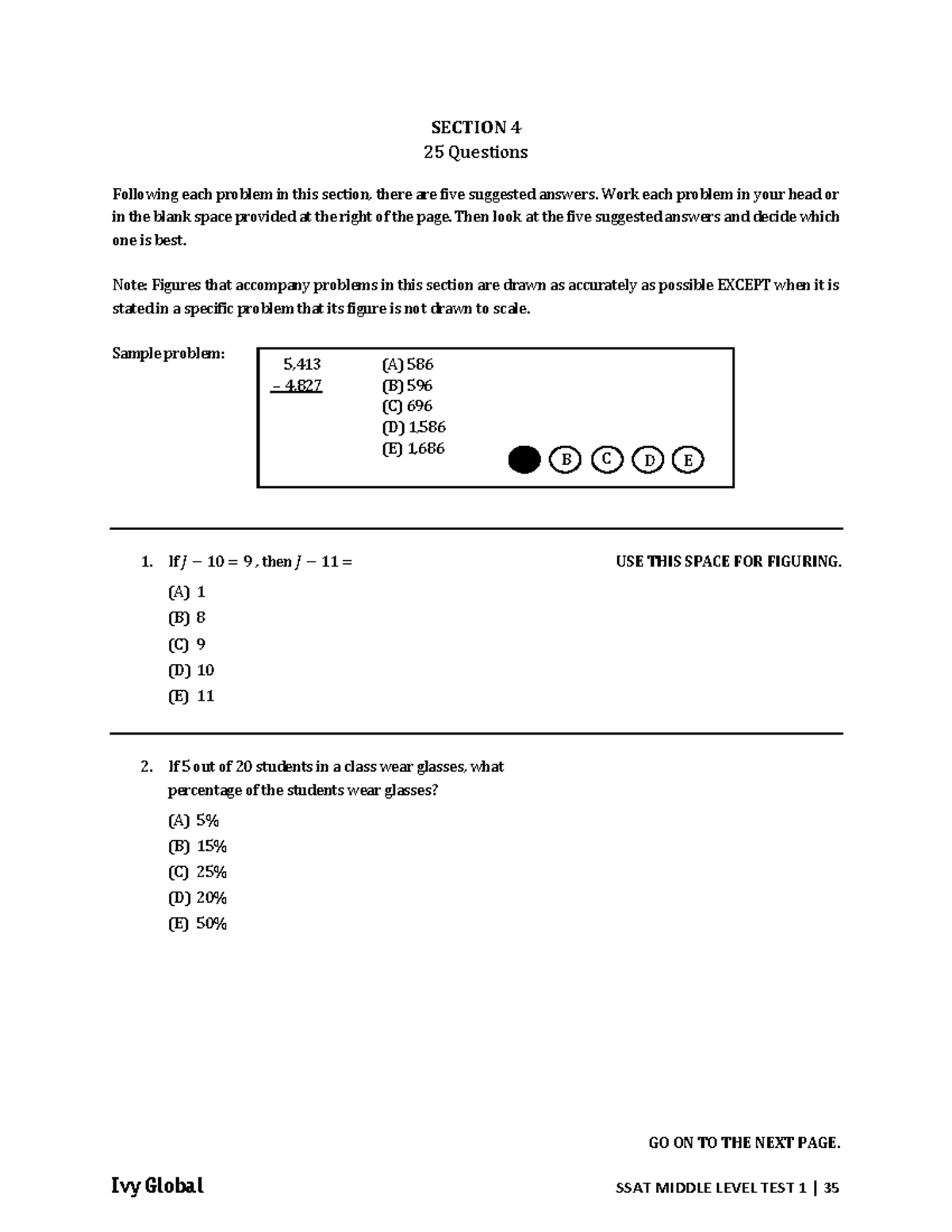 Ivy Global SSAT MIDDLE LEVEL TEST 1: Section 2 Math Problems - Studocu