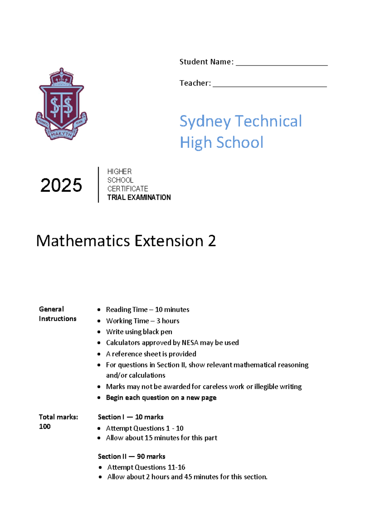 2025 HSC Trial Exam - Mathematics Extension 2 - Questions - Studocu