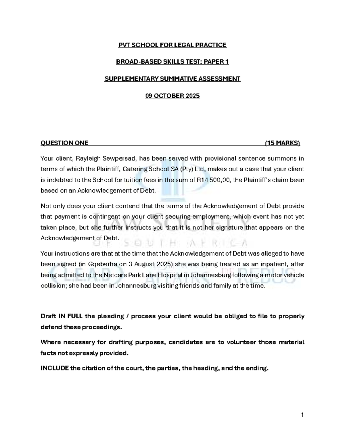 PVT BBST LAW SCHOOL: Legal Practice Skills Test - Paper 1 Supplementary ...