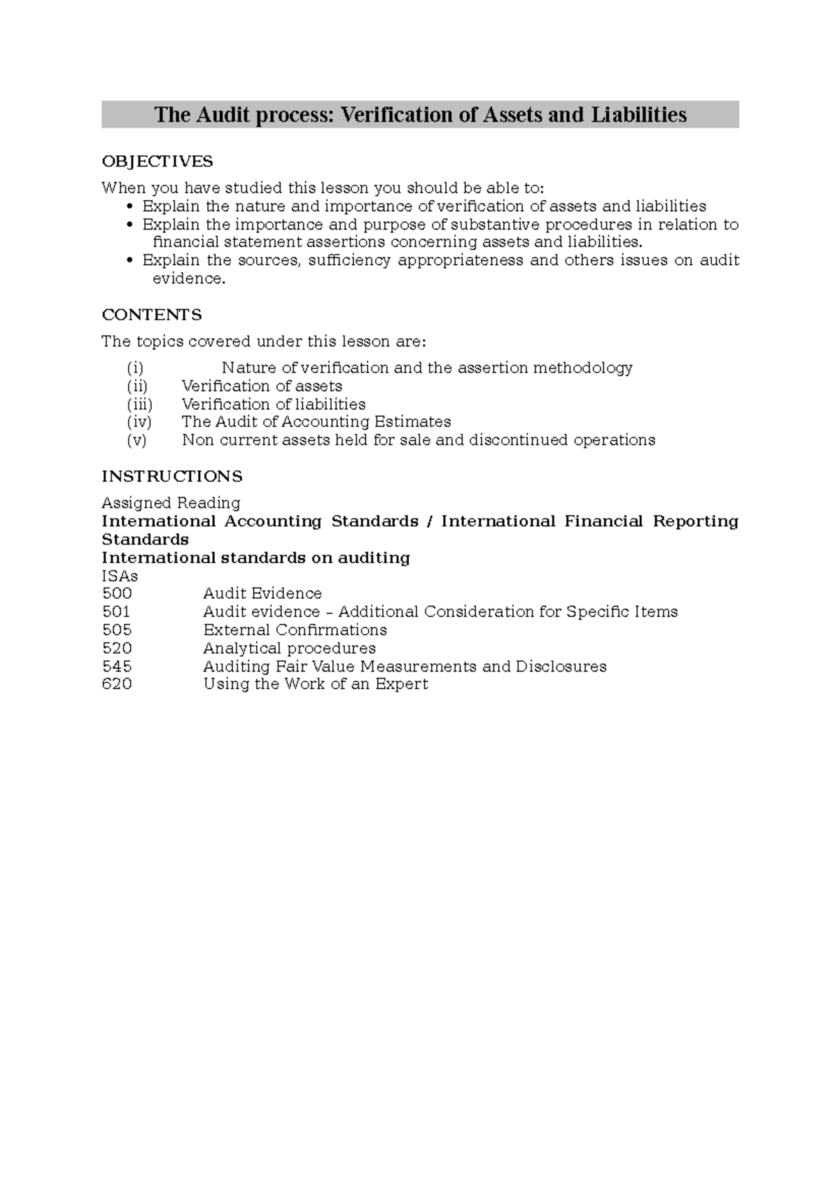 Lesson 8: Verification of Assets and Liabilities in Auditing - Studocu