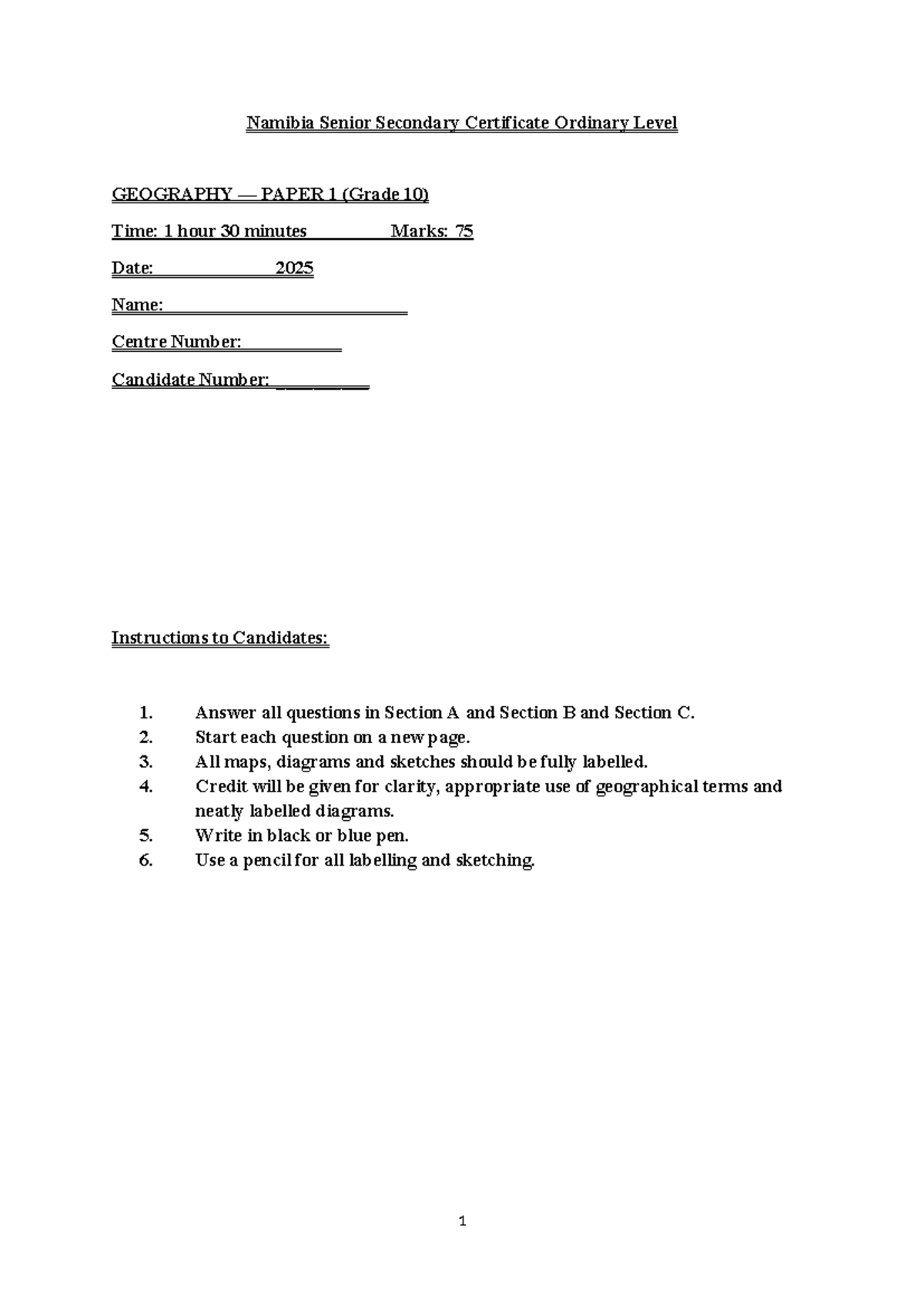 Namibia Senior Secondary Certificate Geography Paper 1 Sample Questions ...