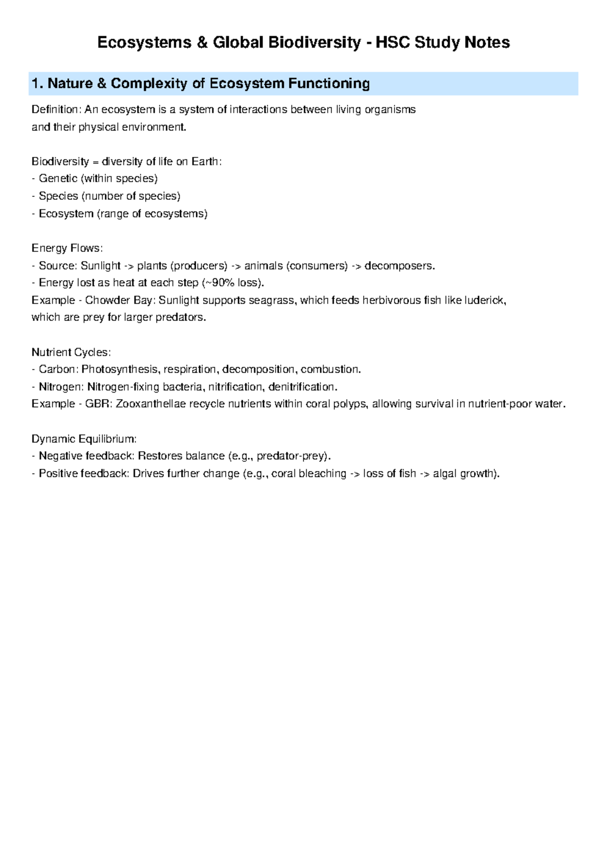 Ecosystems & Global Biodiversity HSC Study Notes - Studocu