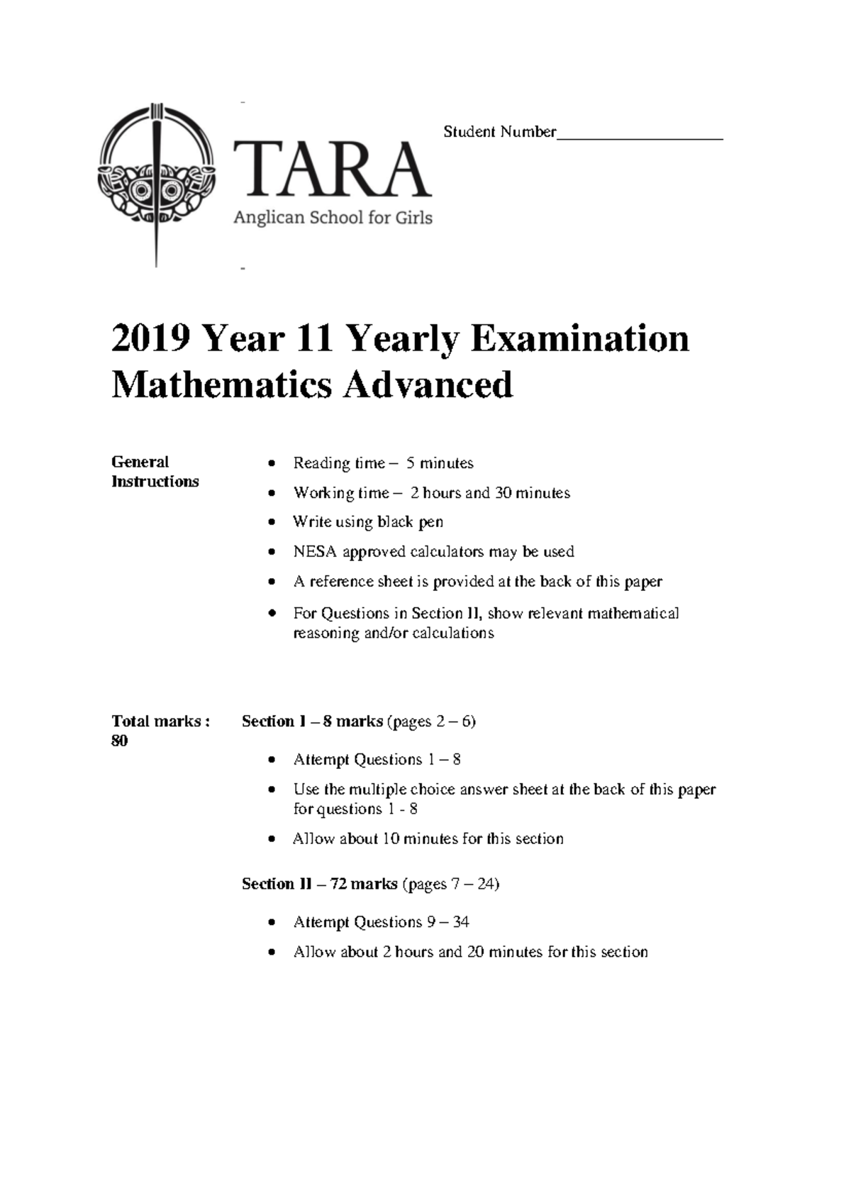2019 y11 mat T3 yearlyexam - Student Number___________________ 2019 ...