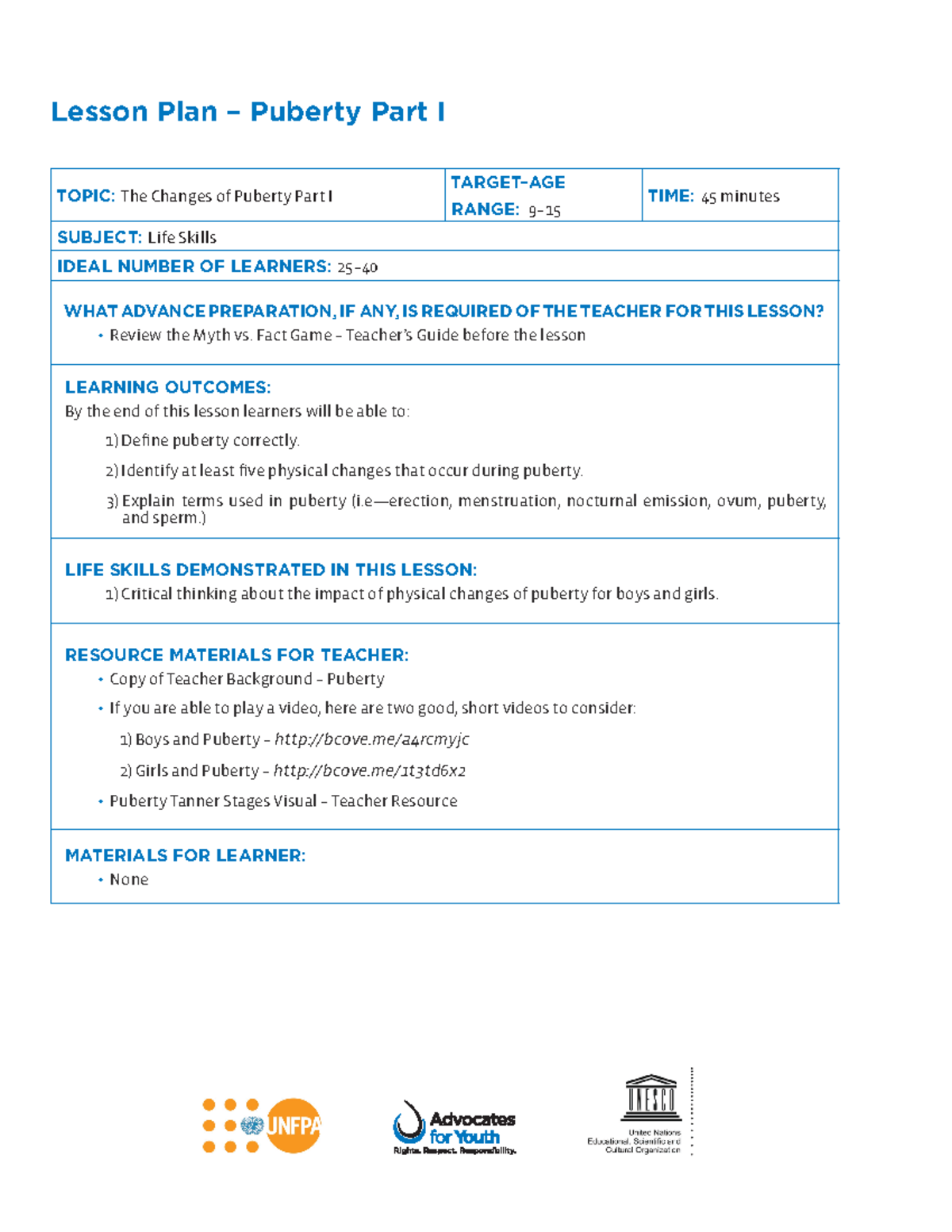 Lesson Plan: Puberty Parts I & II - Life Skills Curriculum - Studocu