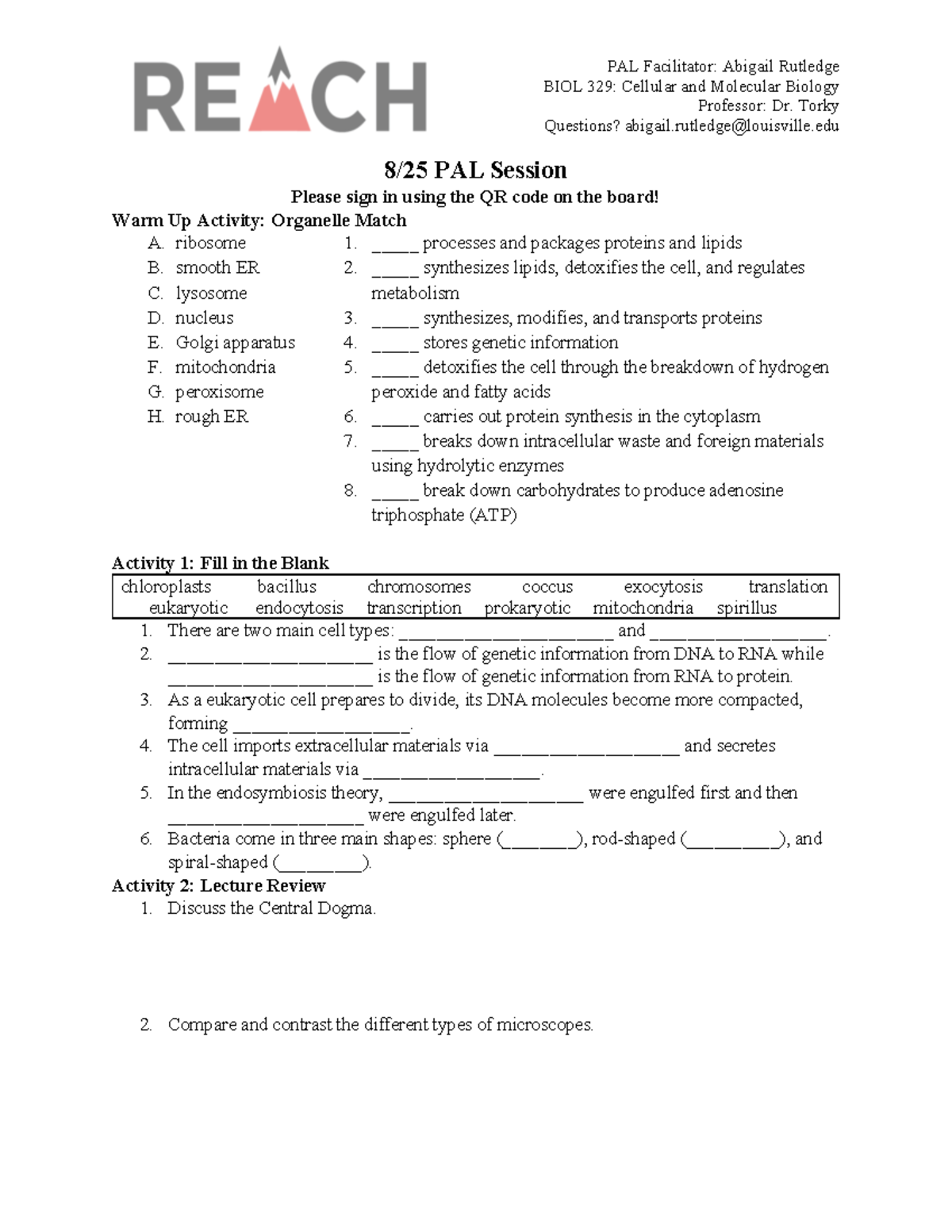 BIOL 329: Cellular & Molecular Biology Exam 1 Study Guide - Studocu