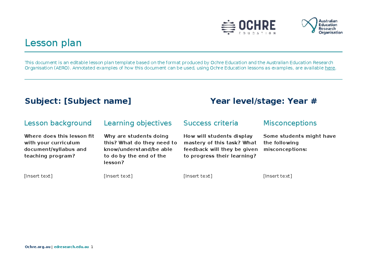Ochre AERO Editable Lesson Plan Template for Teachers - Studocu