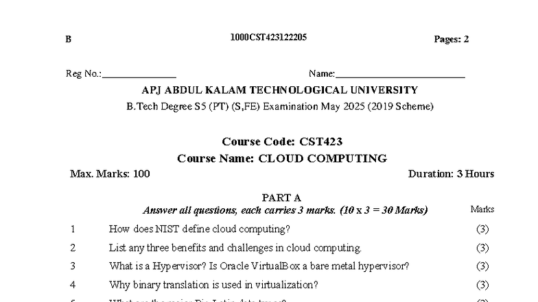 CST423-H - Cloud Computing Exam Question Paper - May 2025 - Studocu