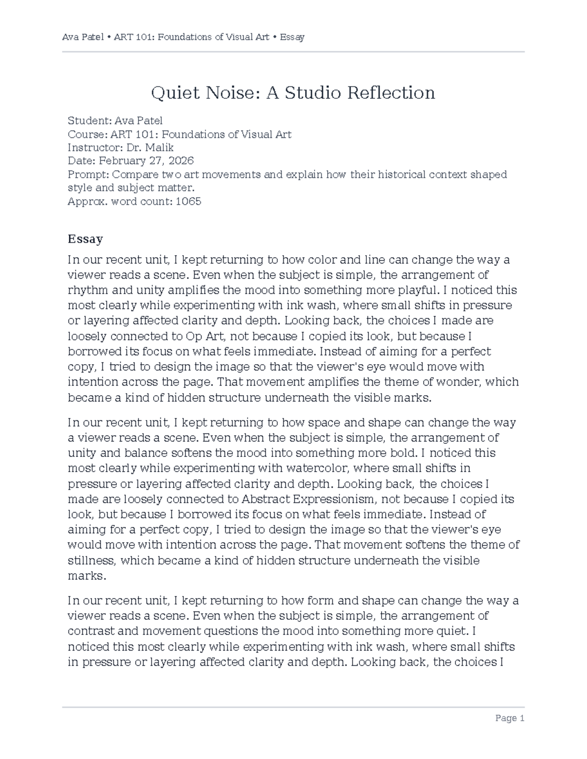 Ava Patel ART 101: Foundations of Visual Art Essay on Art Movements ...