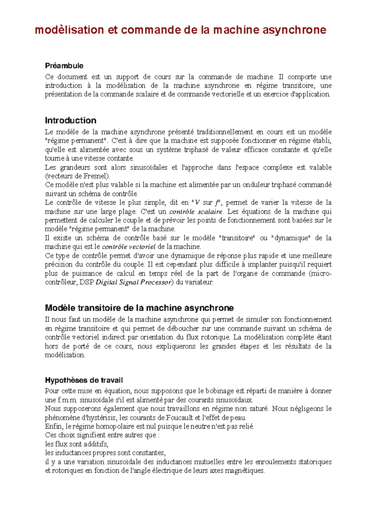 Modélisation et commande des machines asynchrones en régime transitoire ...