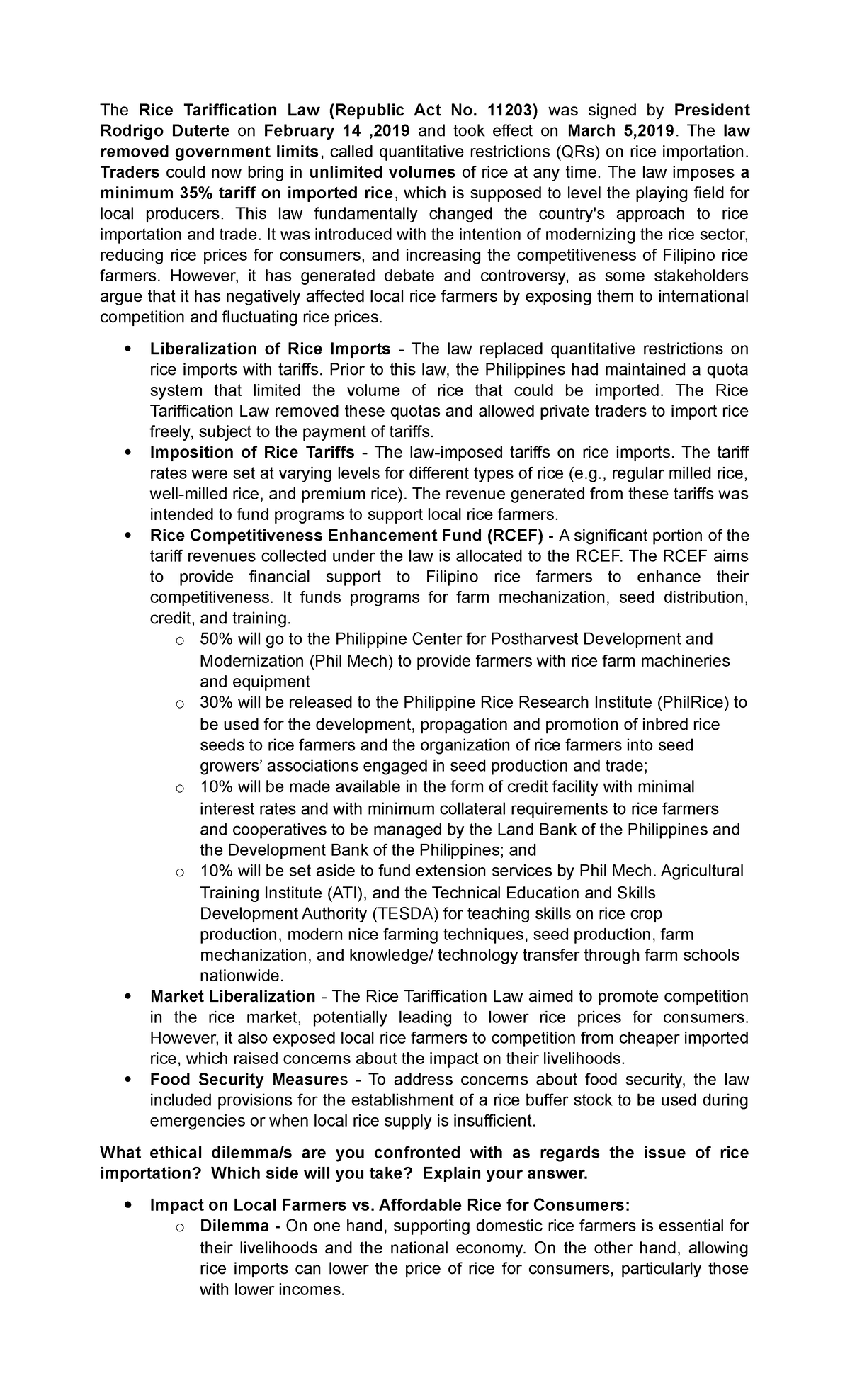 RICE Tariffication LAW - The Rice Tariffication Law (Republic Act No ...