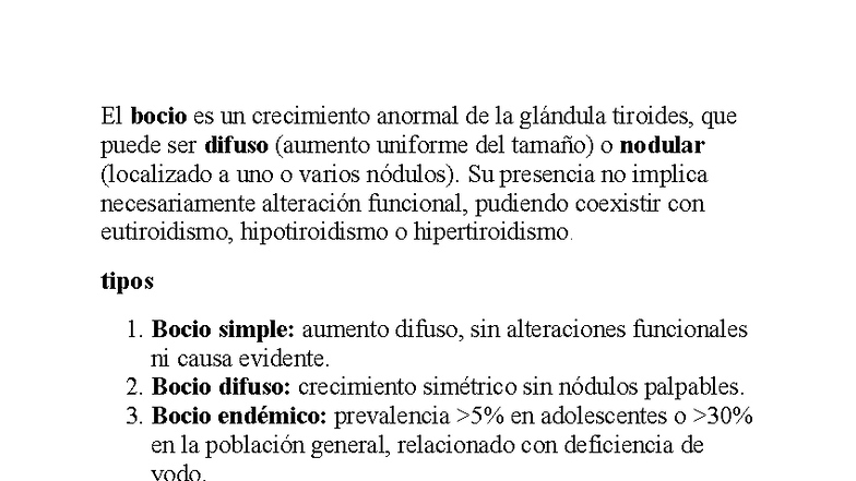 Bocio: Tipos, Fisiopatogenia y Diagnóstico - Estudio Completo - Studocu