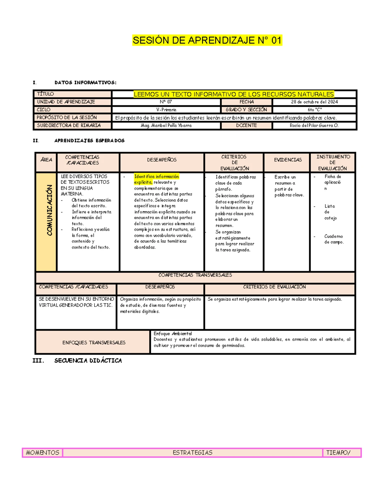Sesión Religión Jesús Calma LA Tormenta Maestra Janet - Sesión de aprendizaje N° ... I ...